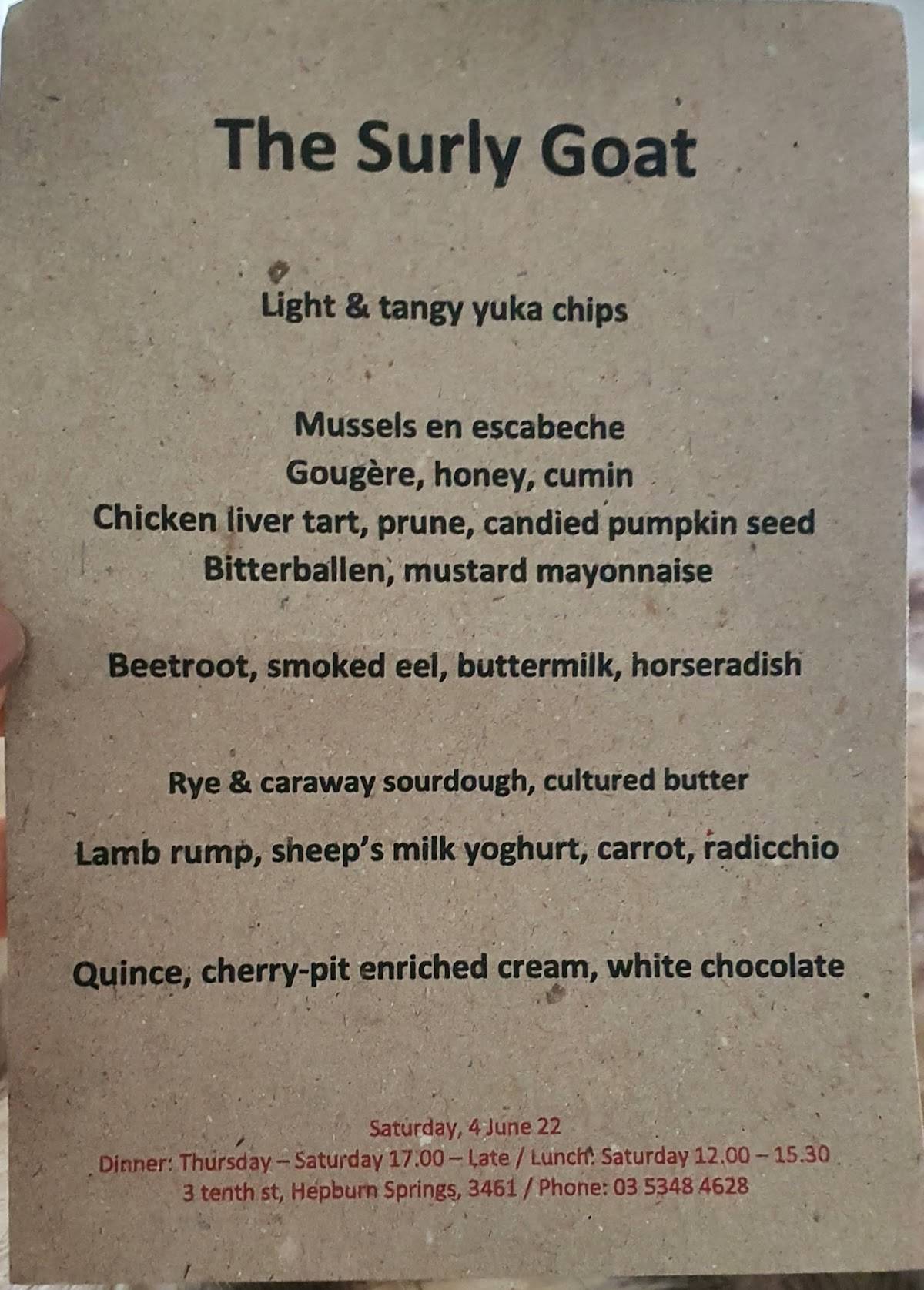 Menu at The Surly Goat restaurant, Hepburn Springs