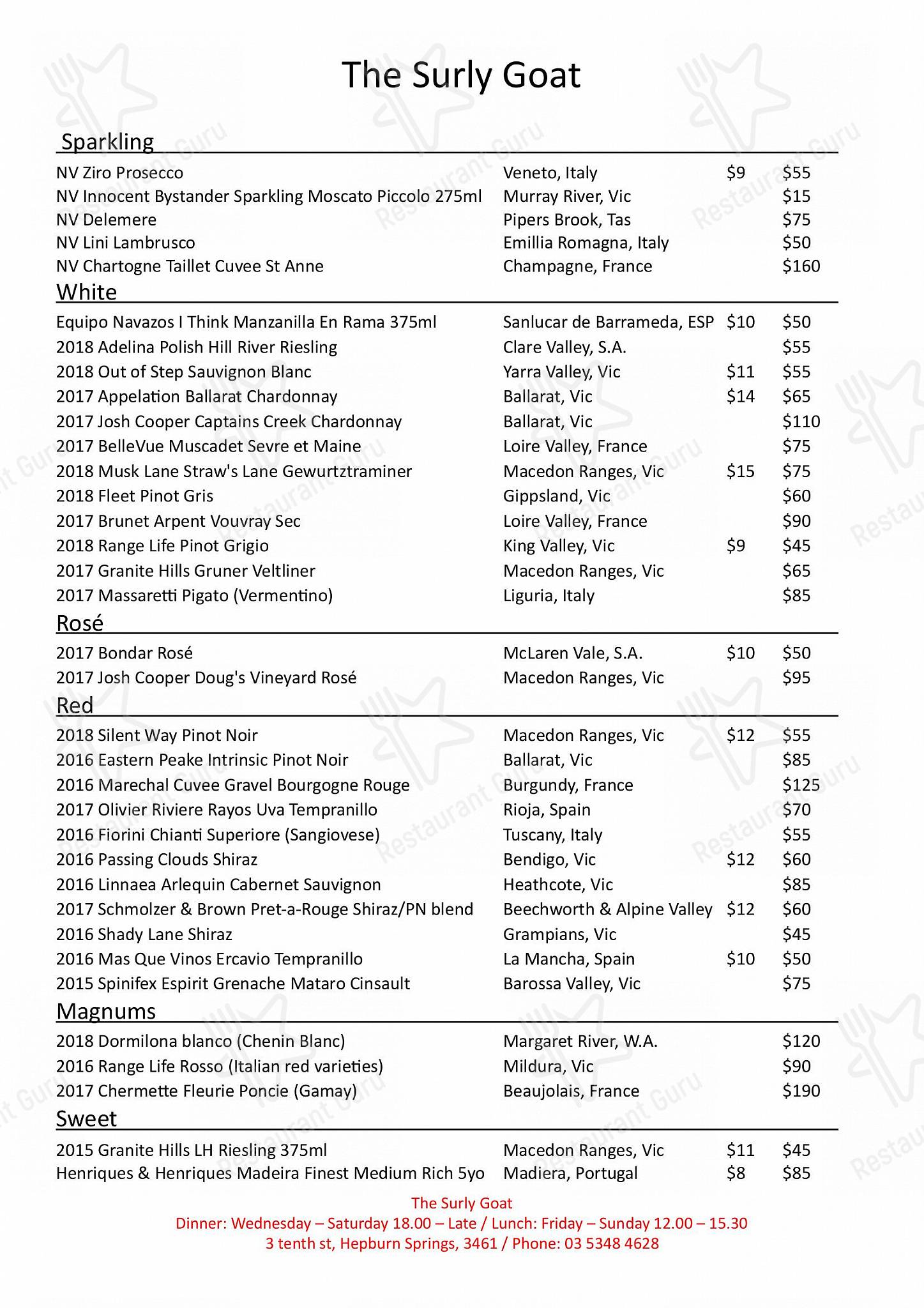 Menu at The Surly Goat restaurant, Hepburn Springs