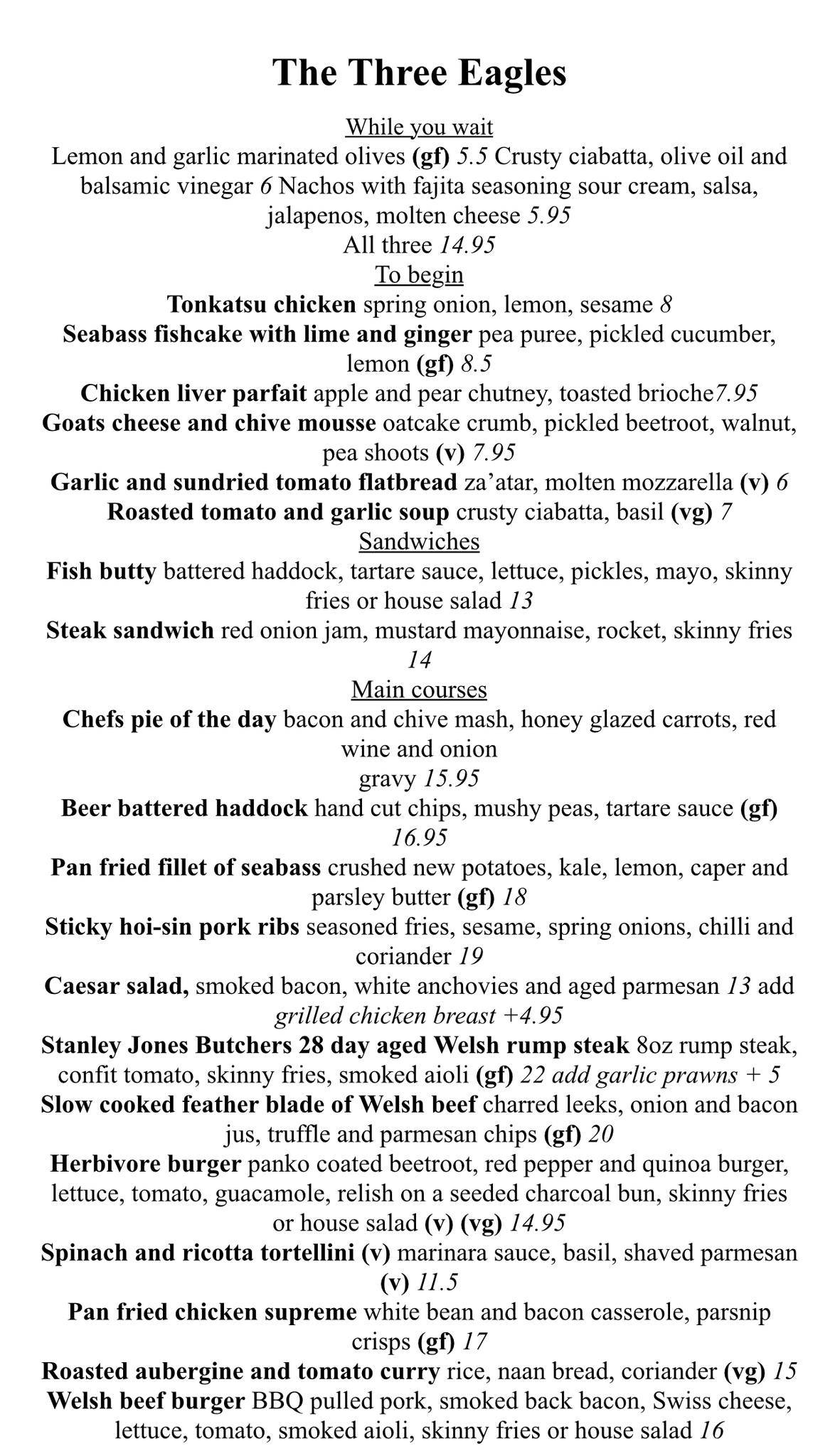 Menu at The Three Eagles pub & bar, Llangollen