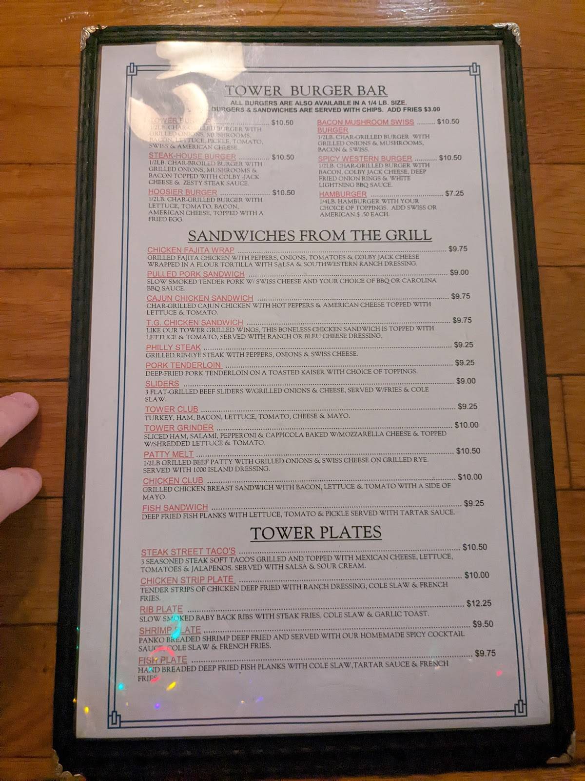 Menu at The Tower Bar & Grill, Fort Wayne