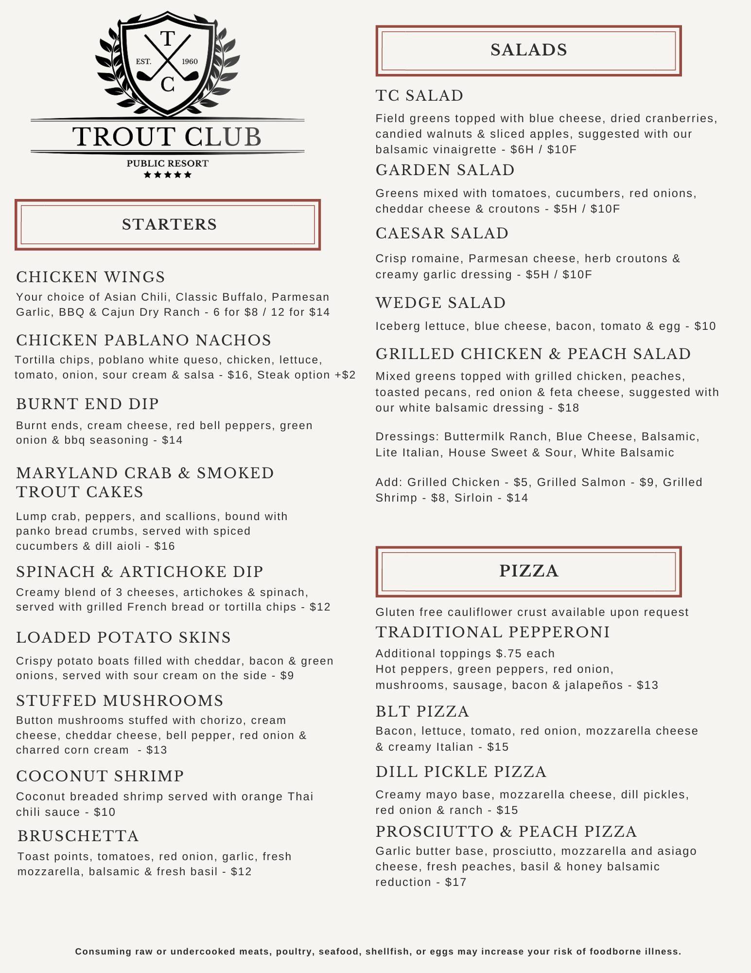 Menu at The Trout Club, Newark