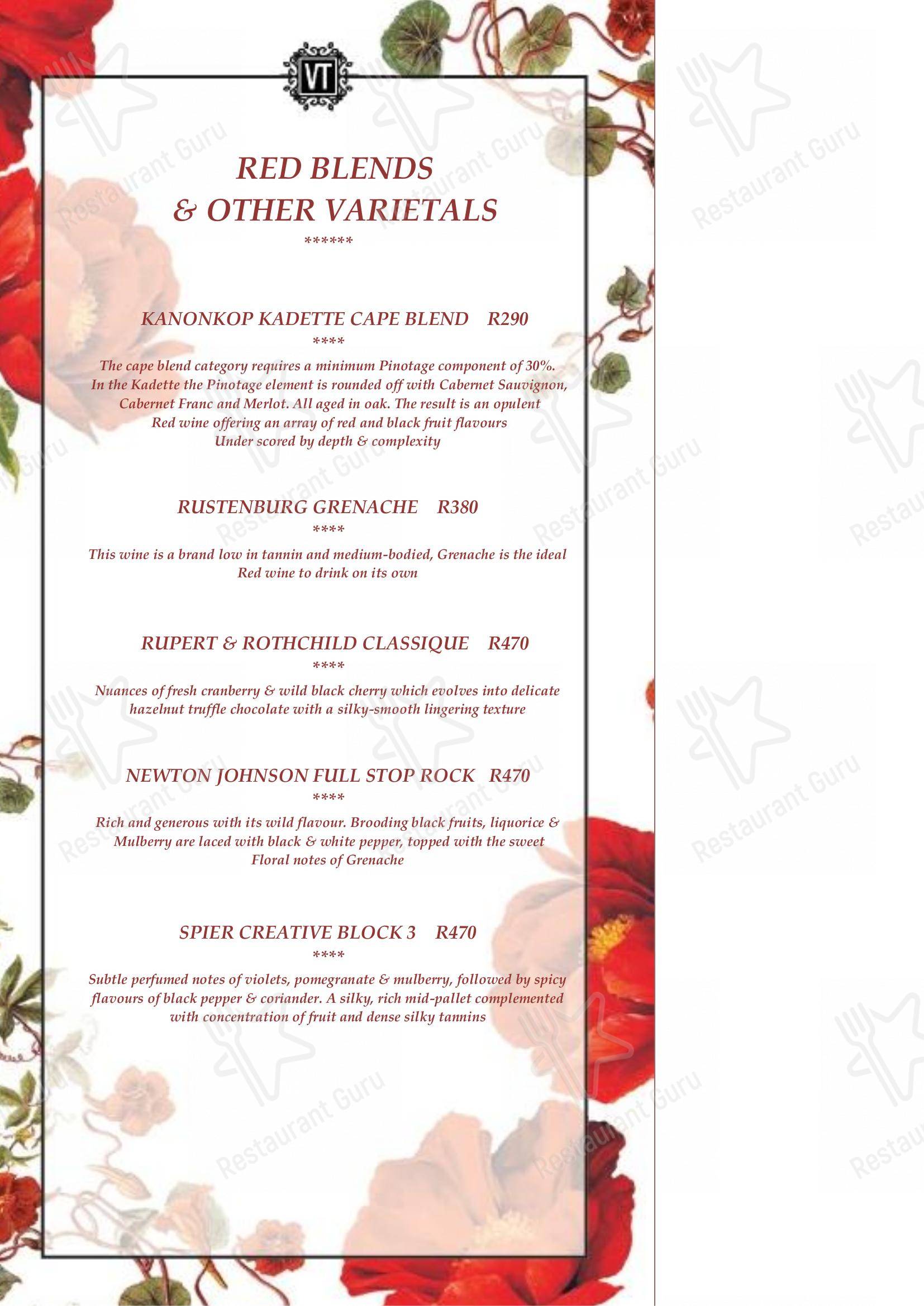 Menu at The Village Table restaurant, Durban