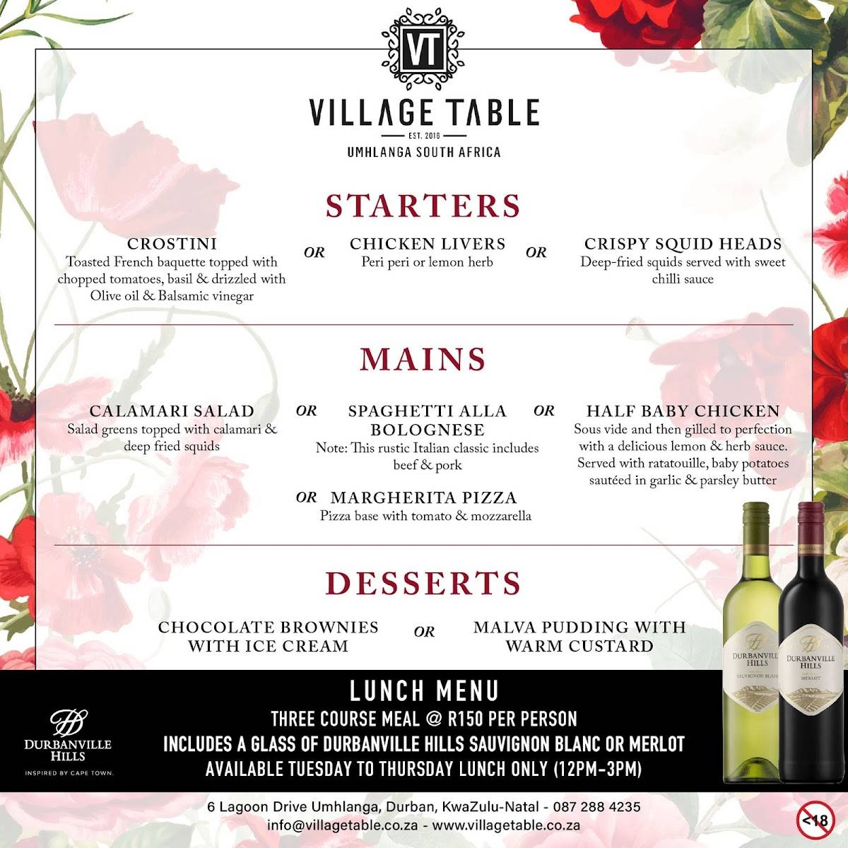 Menu at The Village Table restaurant, Durban