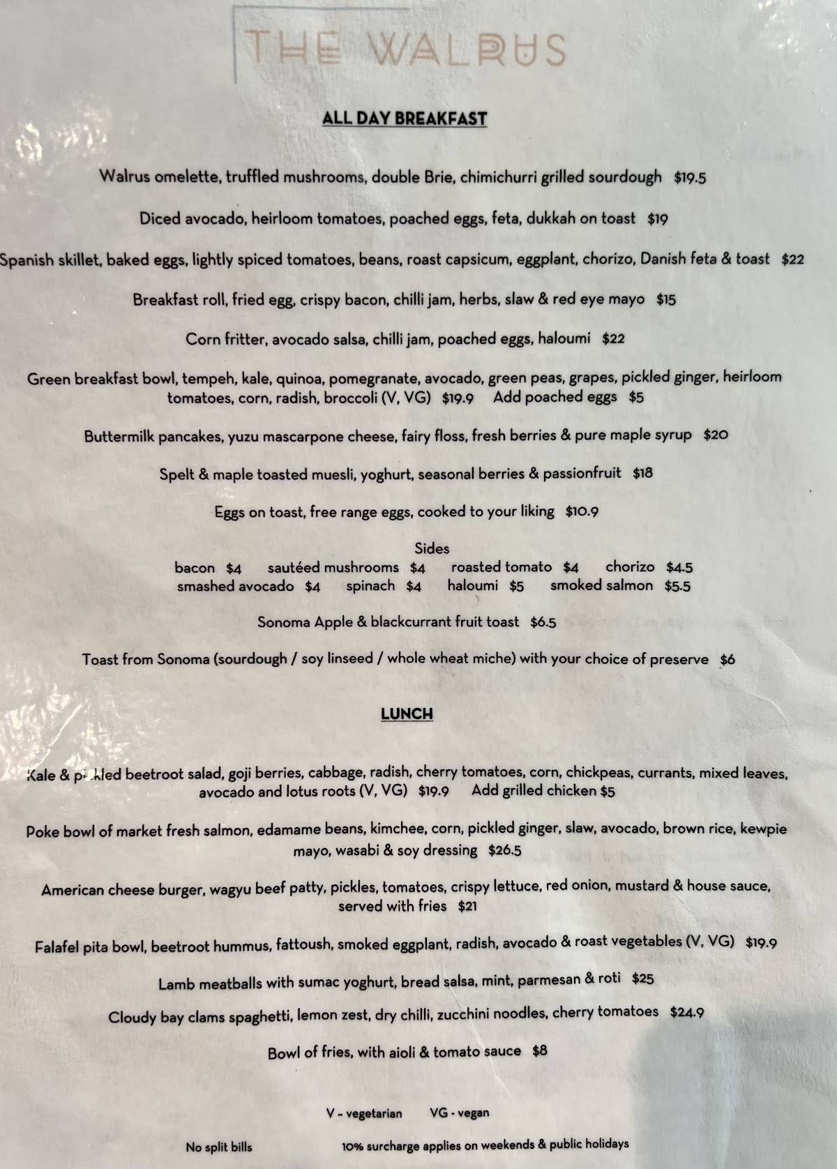 Menu at The Walrus Sydney CBD cafe, Sydney