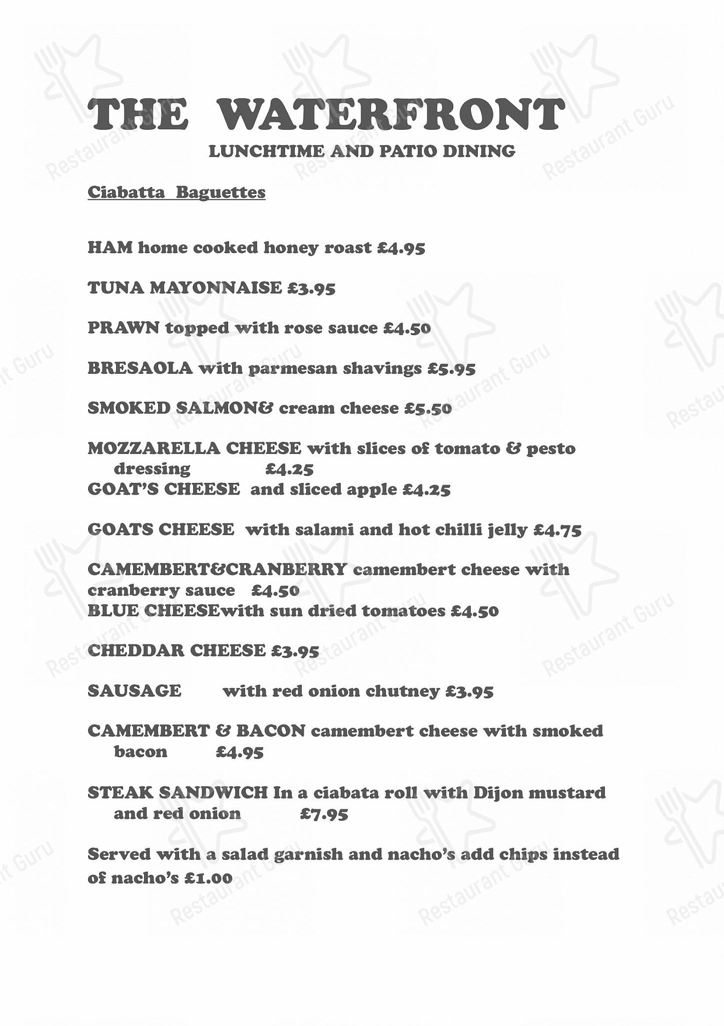 Menu at The Waterfront restaurant, Lowestoft