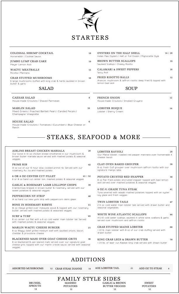 Menu at The White Marlin and Oysterette steakhouse, Port Saint Joe