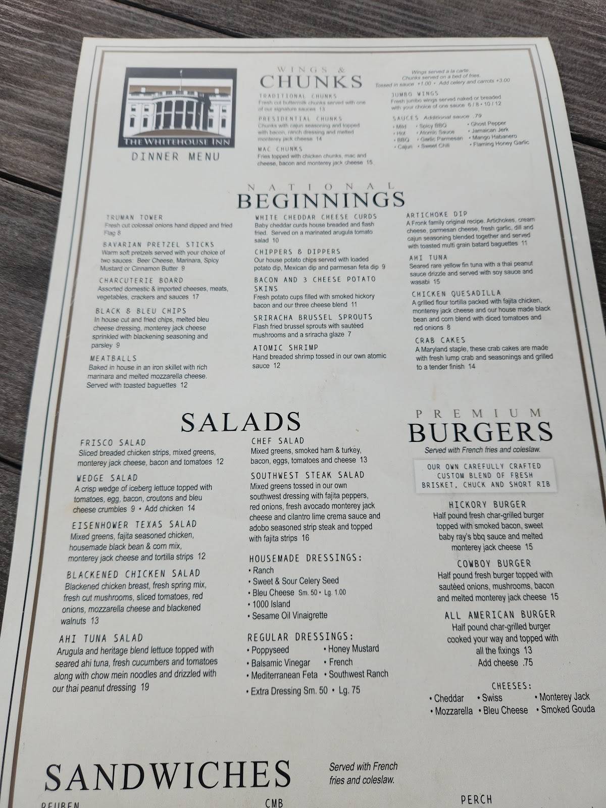 Menu at The Whitehouse Inn steakhouse, Whitehouse