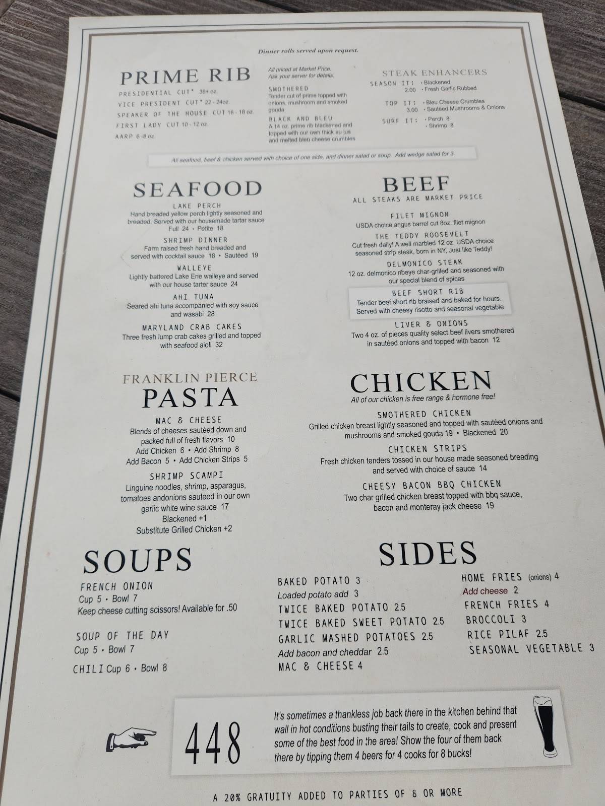 Menu at The Whitehouse Inn steakhouse, Whitehouse