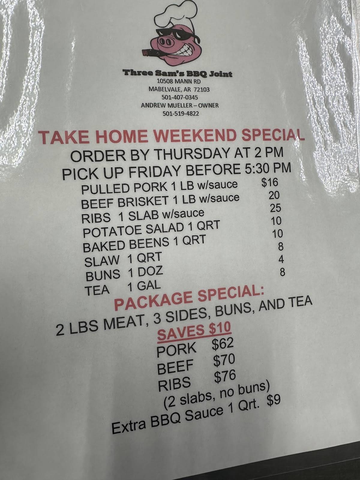 Menu at Three Sam's Barbeque Joint, Little Rock