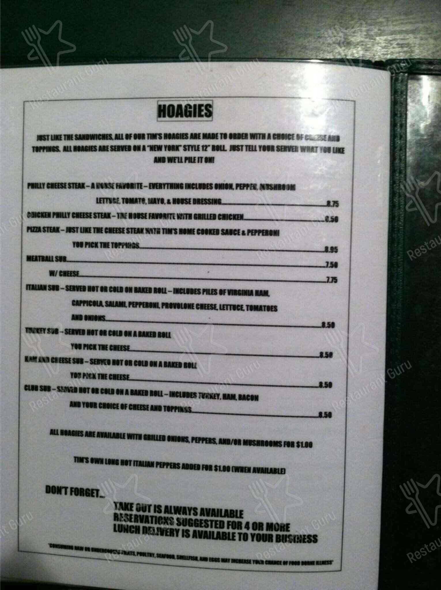 Menu at Tim's American Cafe, Altoona