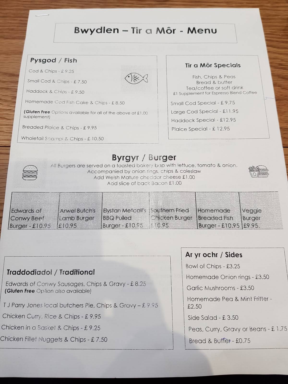 Menu at Tir A Môr fast food, Llanrwst