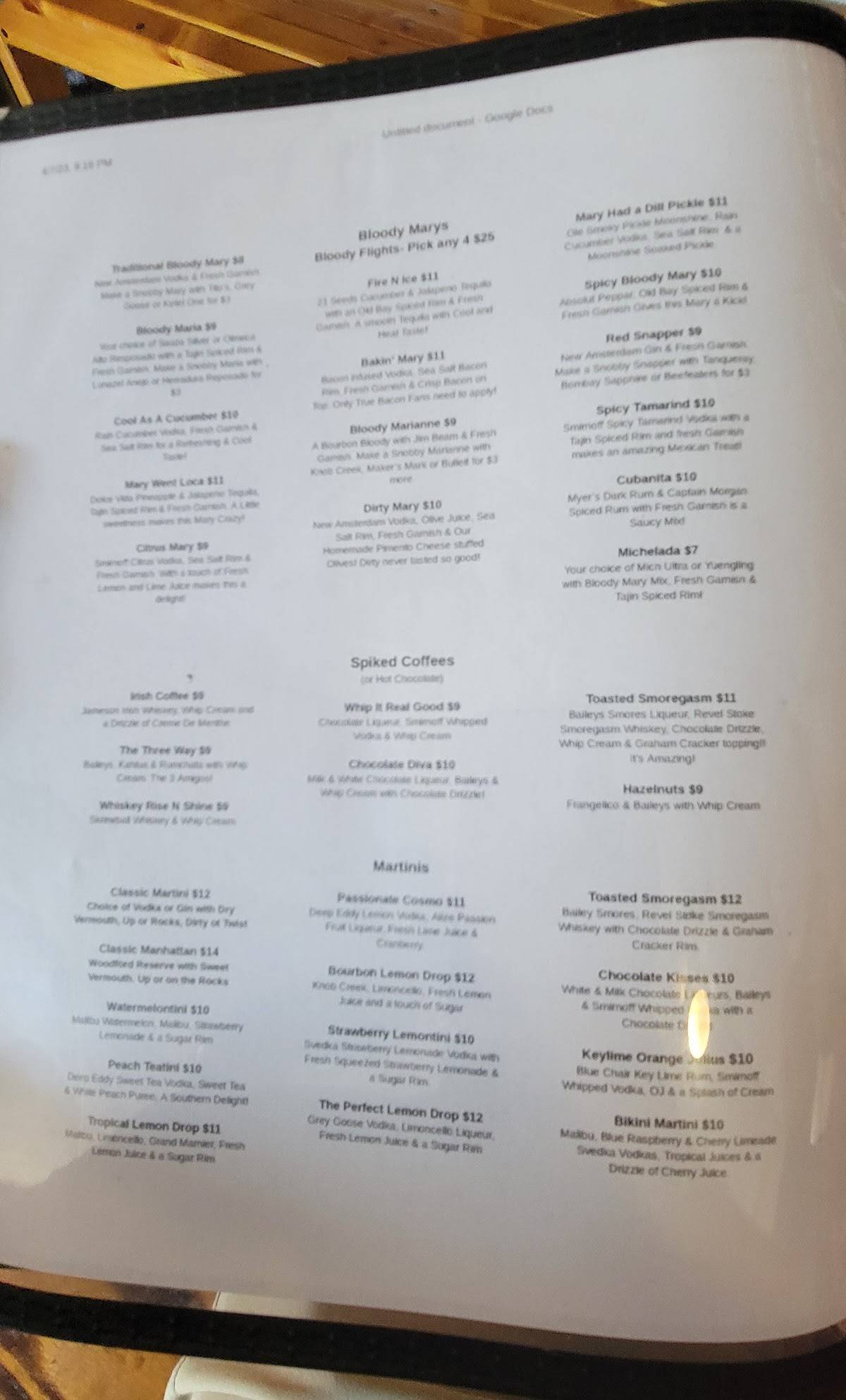 Menu at Toasted restaurant, Calabash