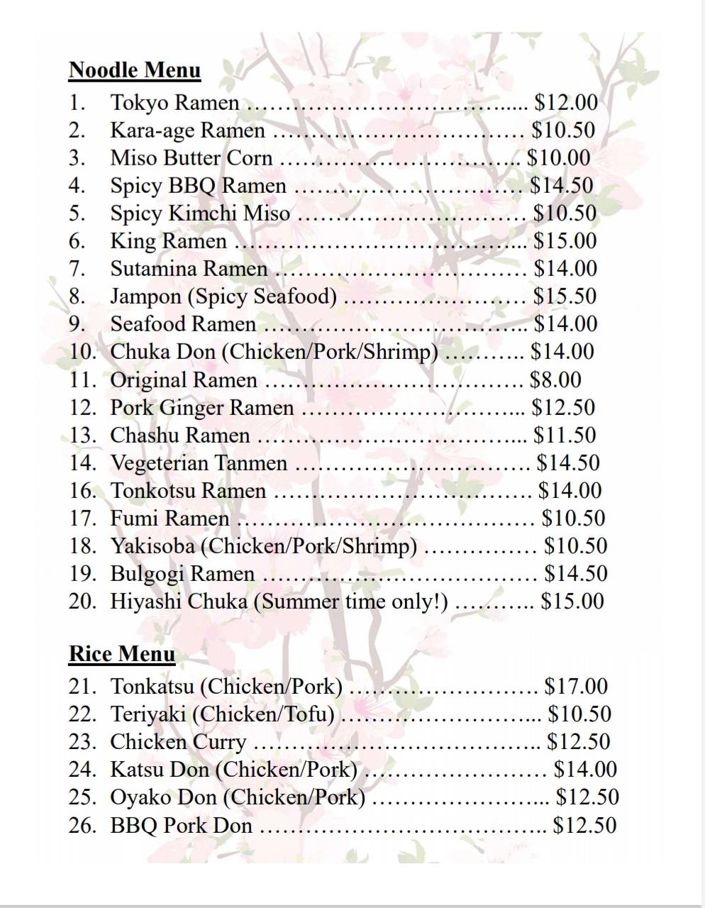 Menu at Tokyo Ramen restaurant, Fredericton