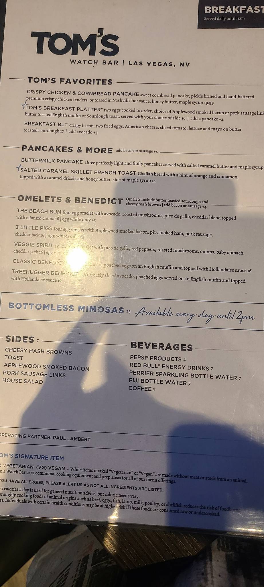 Menu at Tom's Watch Bar, Las Vegas