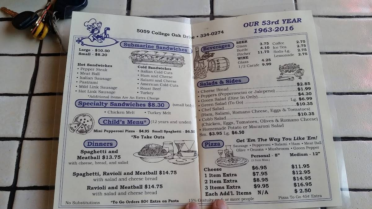 Menu at Tony Baloney's restaurant, Sacramento