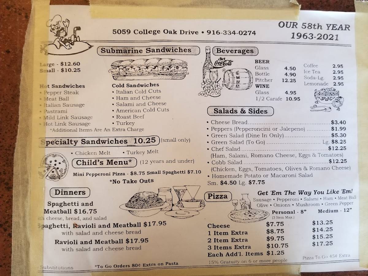 Menu at Tony Baloney's restaurant, Sacramento