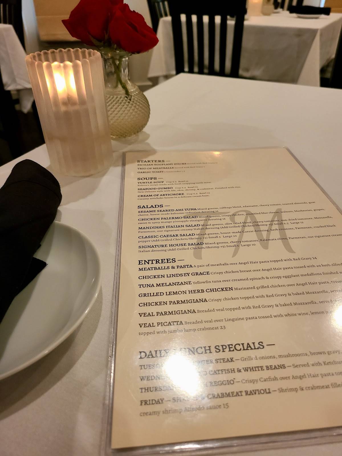 Menu at Tony Mandina's pub & bar, Gretna, Pratt St