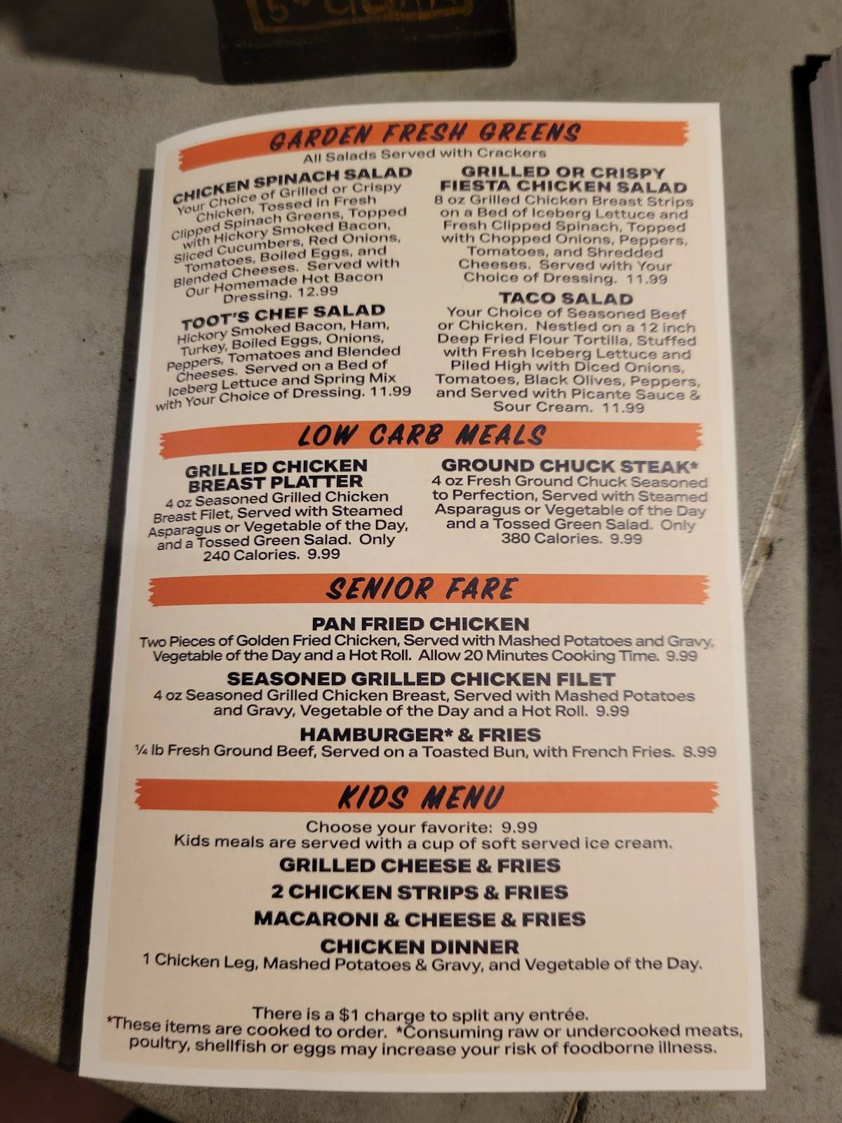 Menu at Toot-Toot Restaurant & Lounge, Bethany