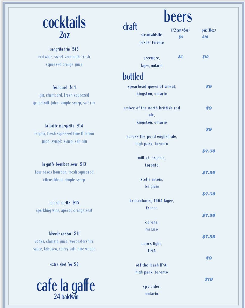 Menu at Cafe La Gaffe, Toronto