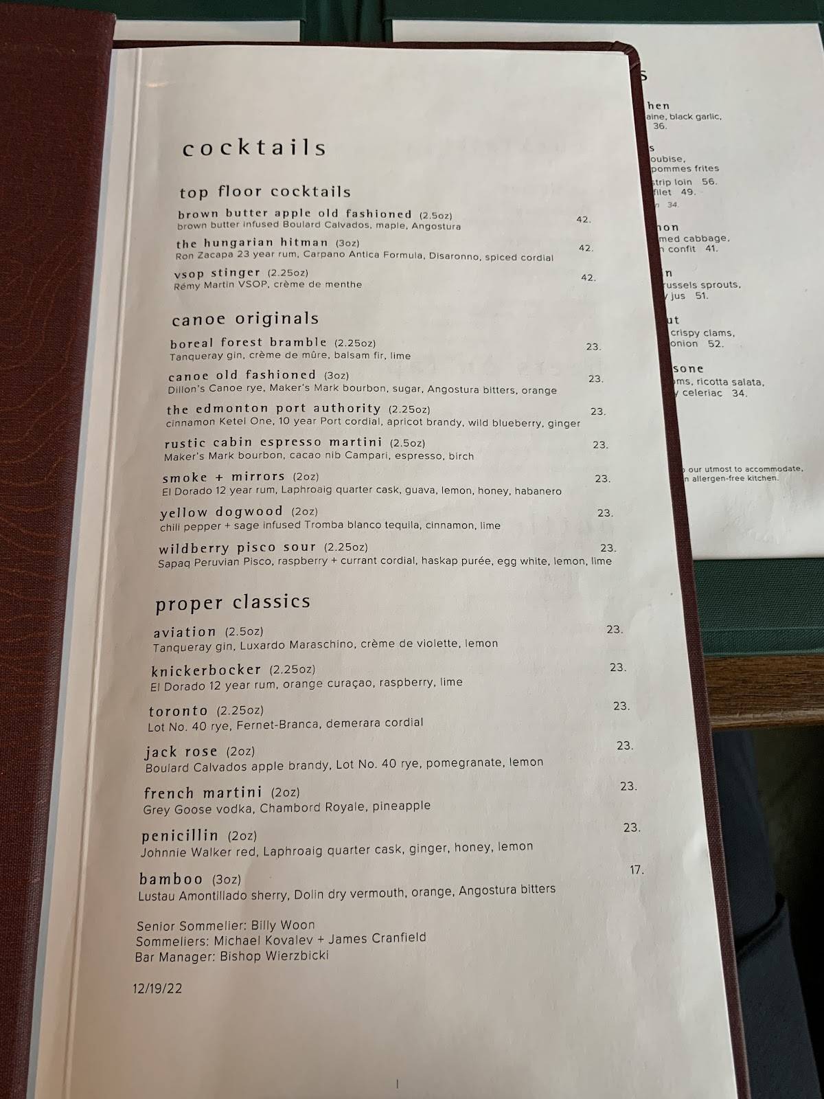 Menu at Canoe restaurant, Toronto, 66 Wellington St W 54th floor