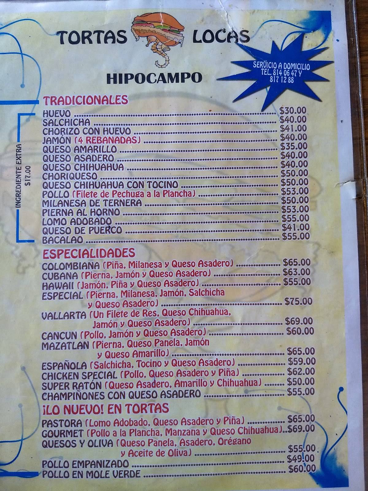 Menu at Tortas Locas Hipocampo restaurant, San Luis Potosi, Av ...