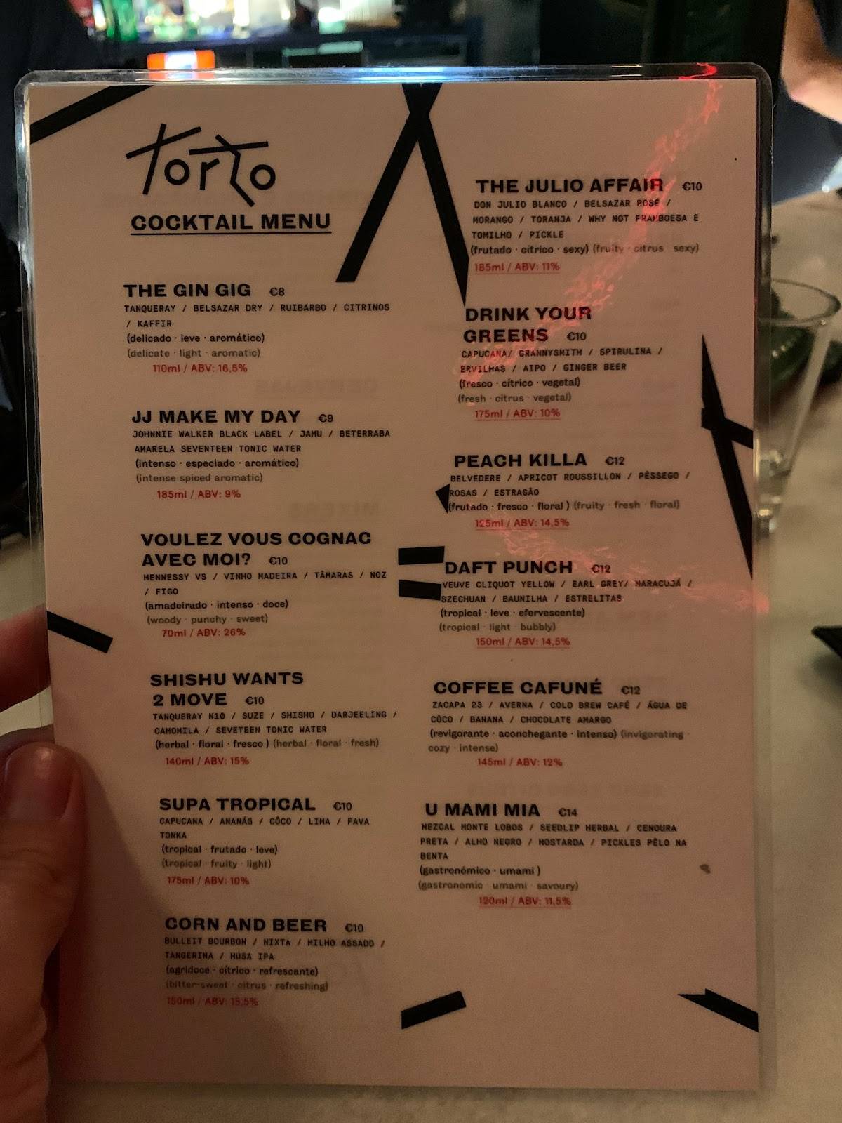 Menu em Torto - Bar & Cocktails, Porto