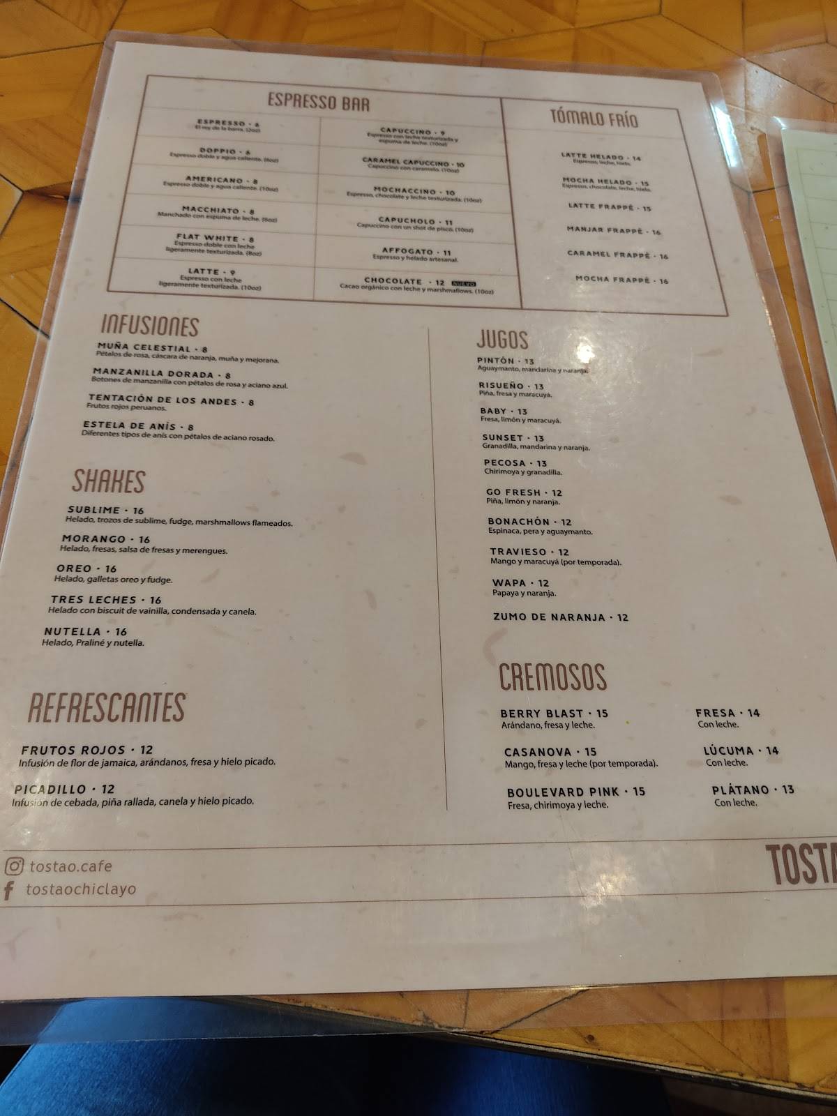 Carta de Tostao Cafe - Santa Victoria, Chiclayo, Jacarandas 250