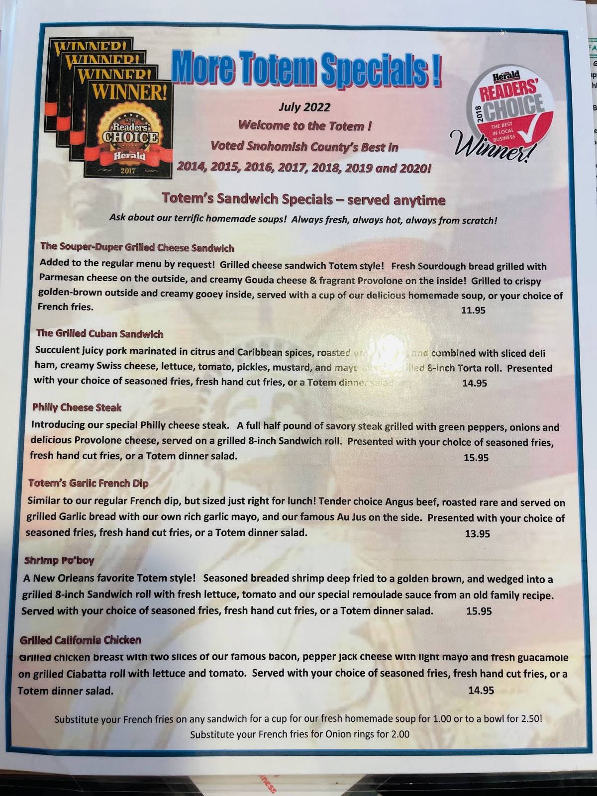 Menu at Totem Family Dining restaurant, Everett