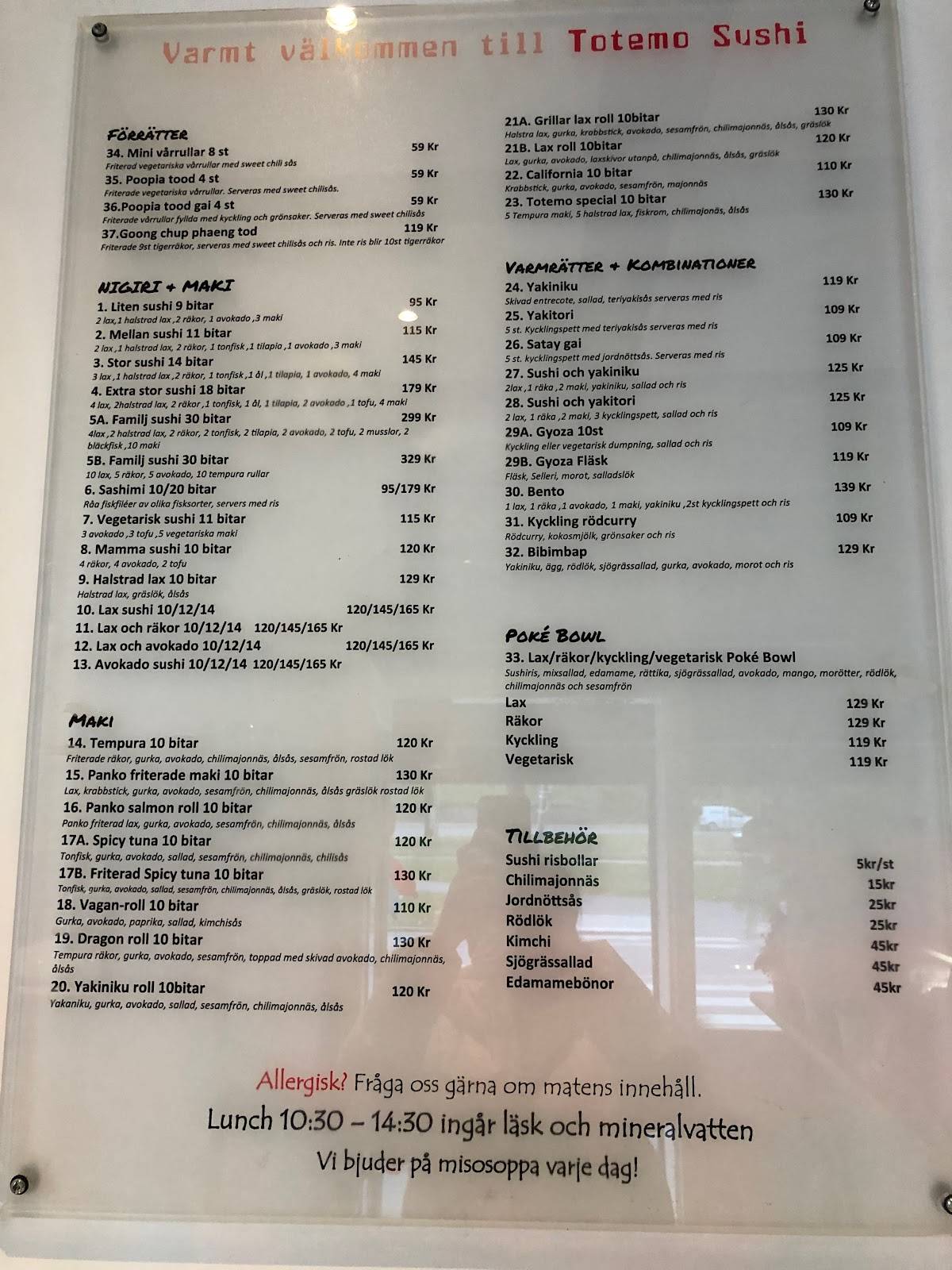 Menu at Totemo Sushi restaurant, Stockholm