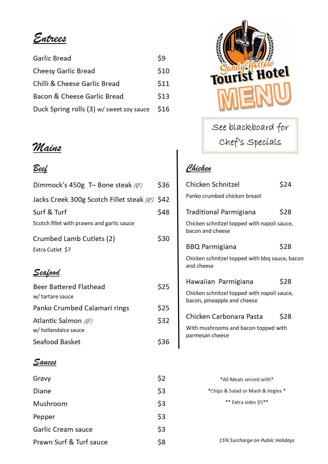 Menu at Tourist Hotel pub & bar, Sandy Hollow