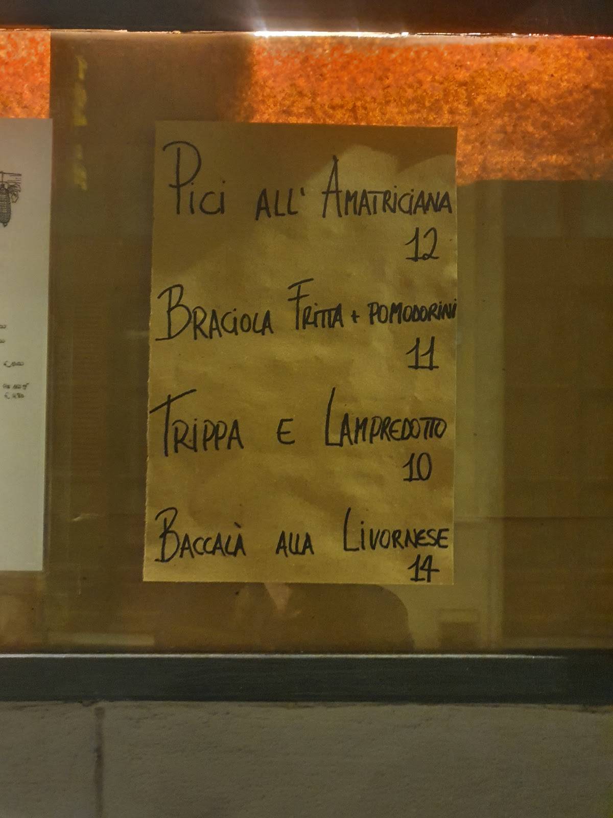 Menu at Trattoria Marione restaurant, Florence