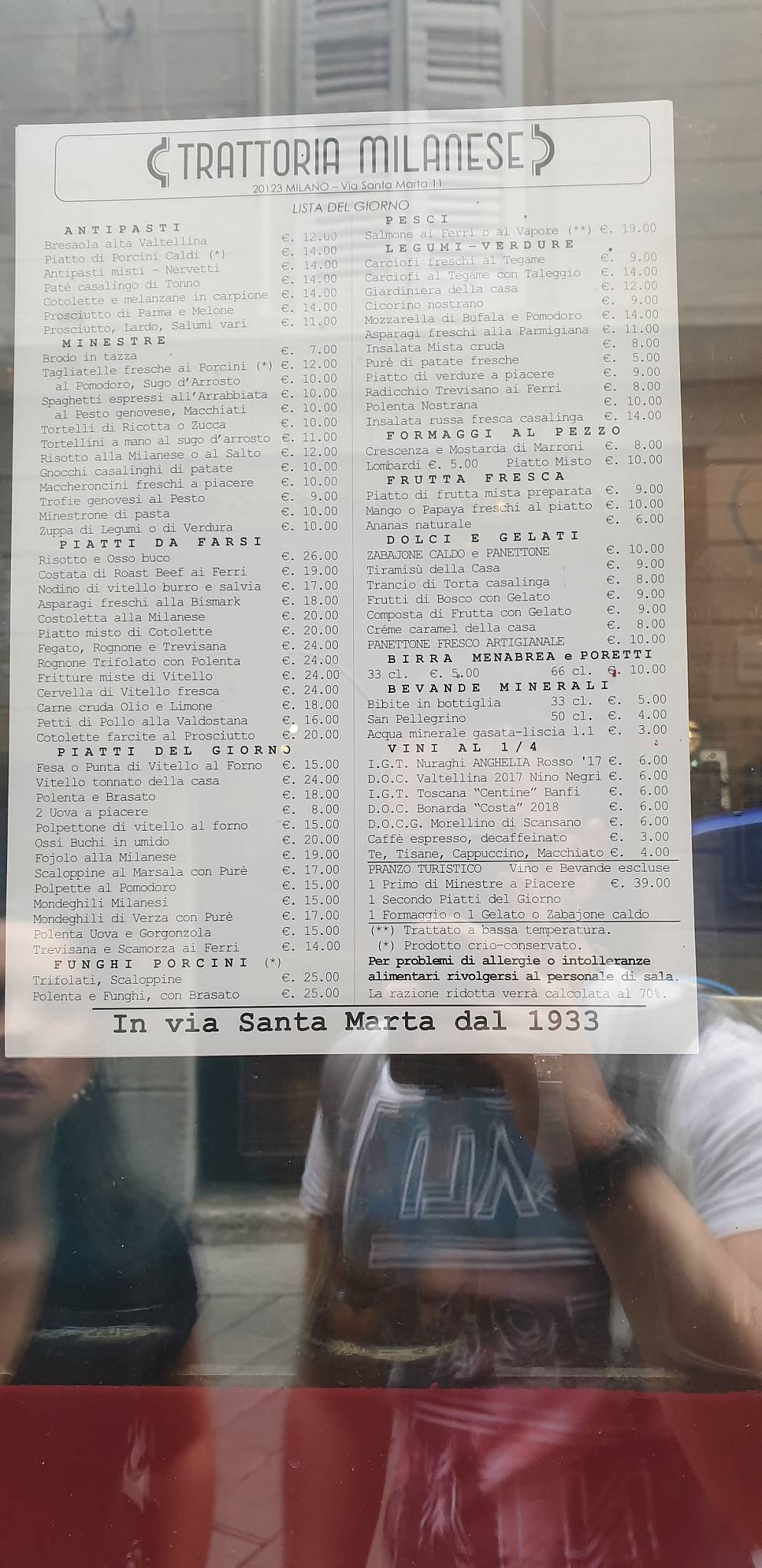 Speisekarte von Trattoria Milanese cafe, Mailand, Via Santa Marta