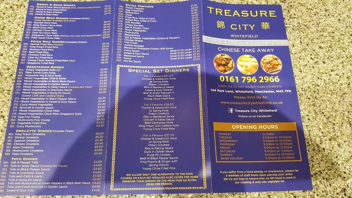 Menu at Treasure City fast food, Manchester
