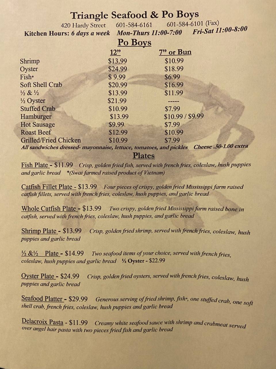 Menu at Triangle Seafood & Po Boy restaurant, Hattiesburg