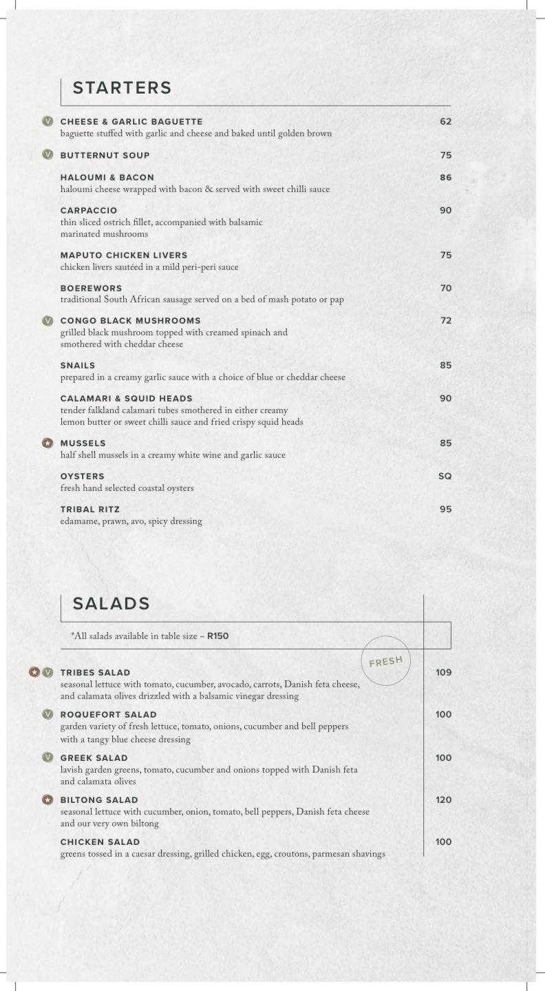 Menu at Tribes restaurant, Kempton Park, Emperors Palace Casino