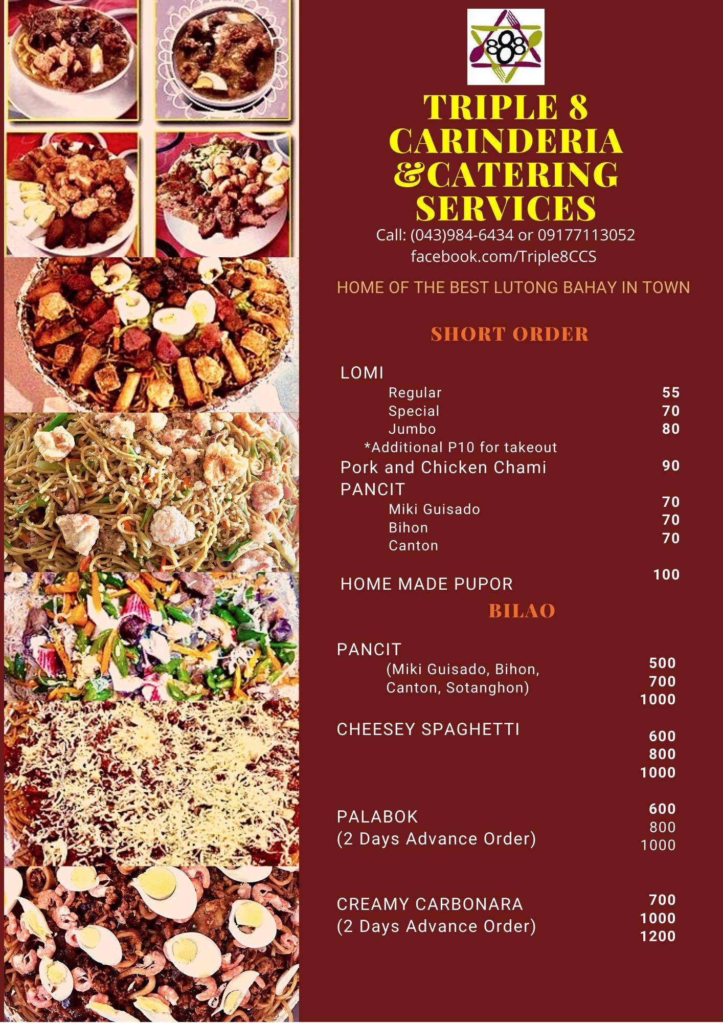 Menu at Triple 8 Carinderia & Catering Services restaurant, Batangas