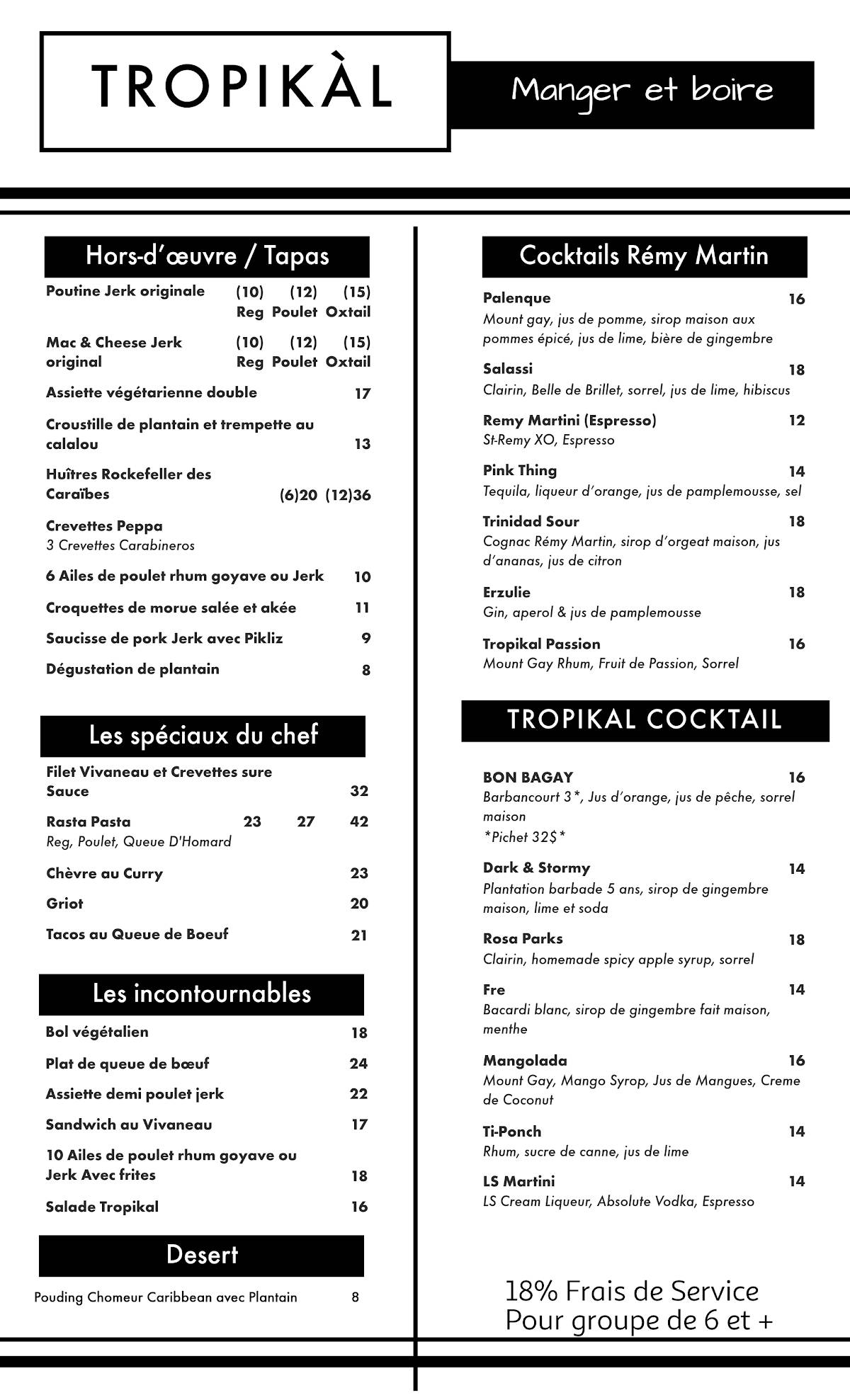 Menu at Tropikàl restaurant, Montréal
