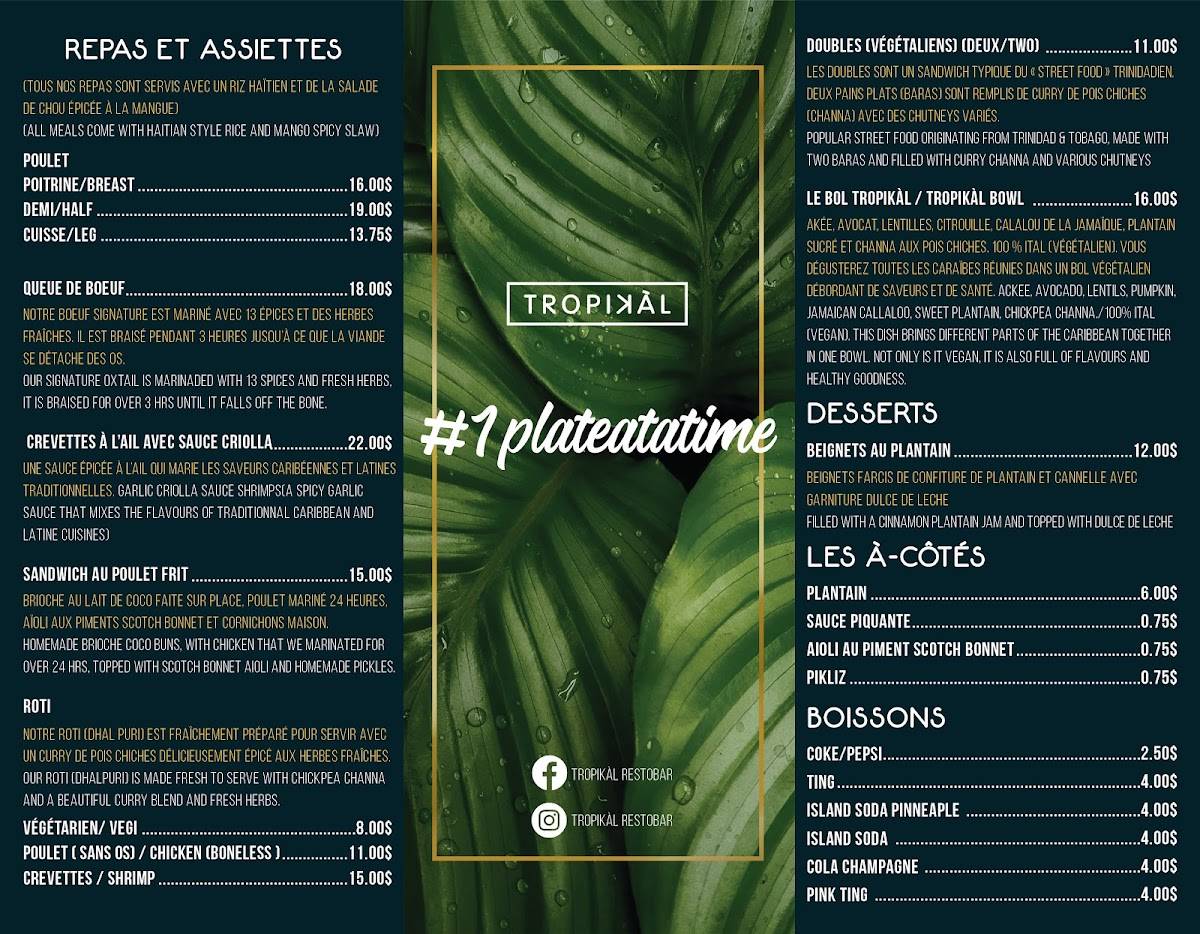 Menu at Tropikàl restaurant, Montréal