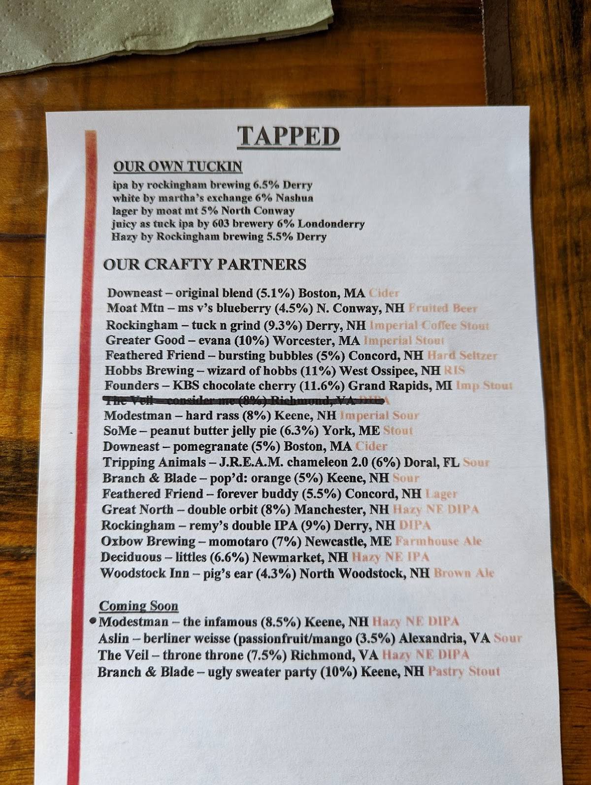 Menu at Tuckaway Tavern and Butchery steakhouse, Raymond