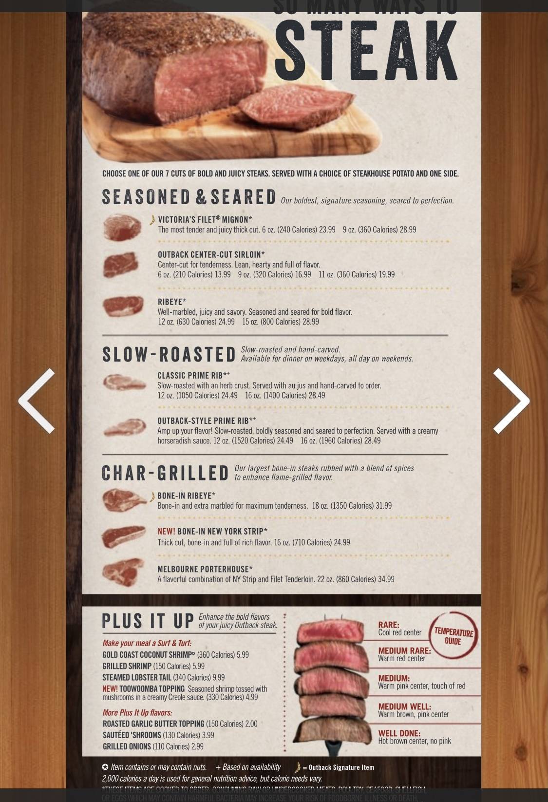 Menu at Outback Steakhouse, Tucson, W Ina Rd
