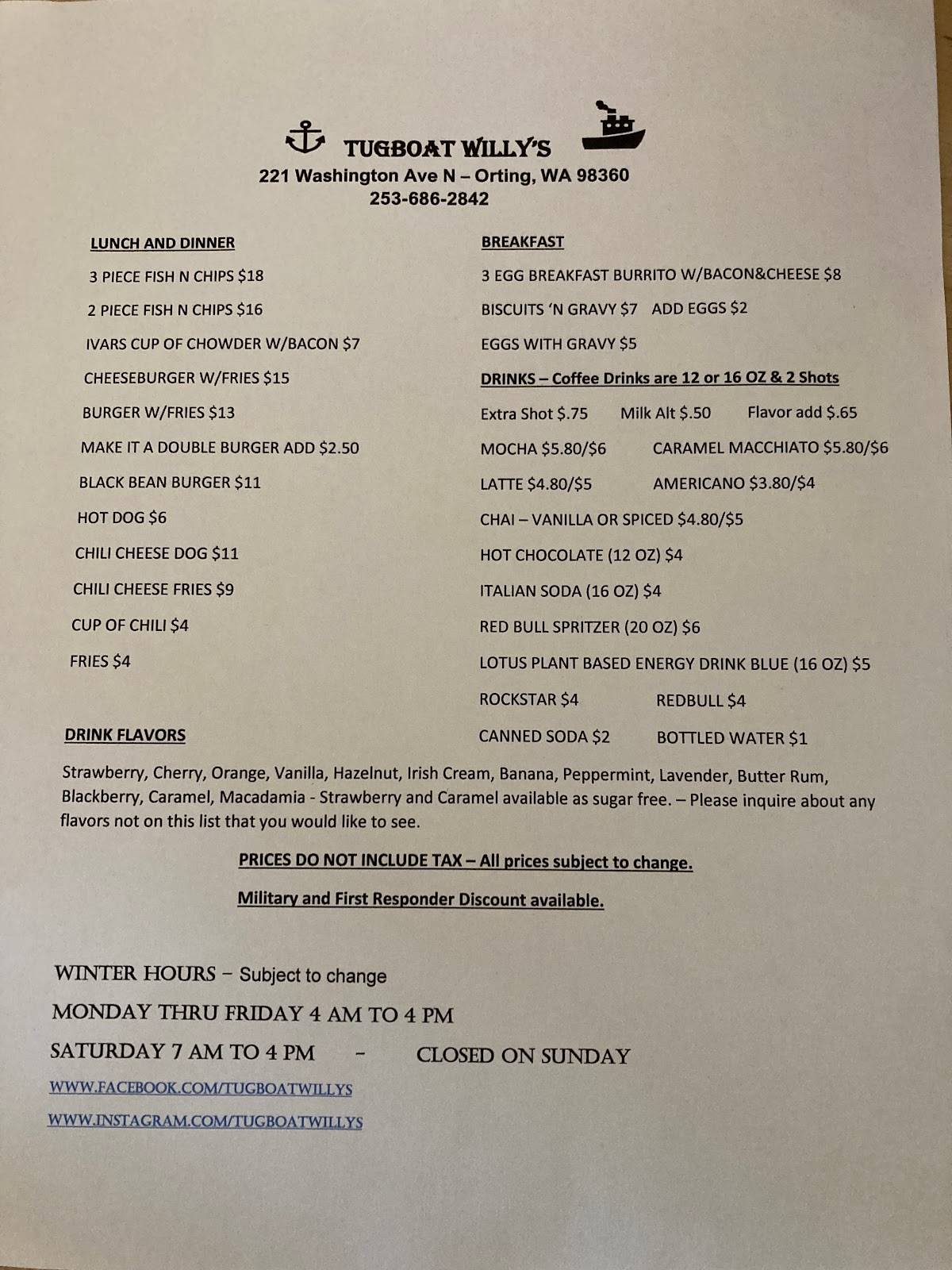 Carta del restaurante Tugboat Willy's, Orting