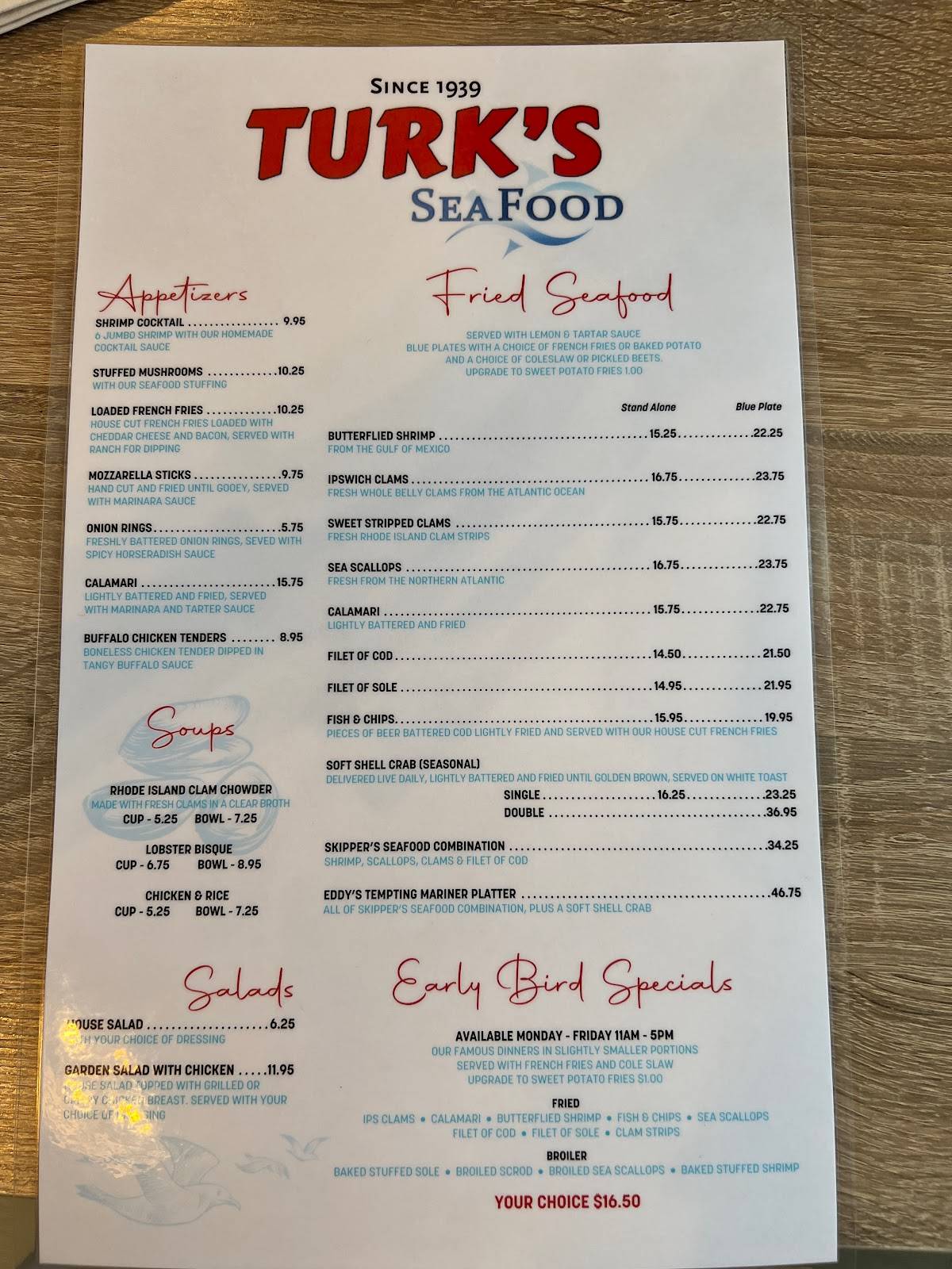 Menu at Turk's Seafood Restaurant, West Haven