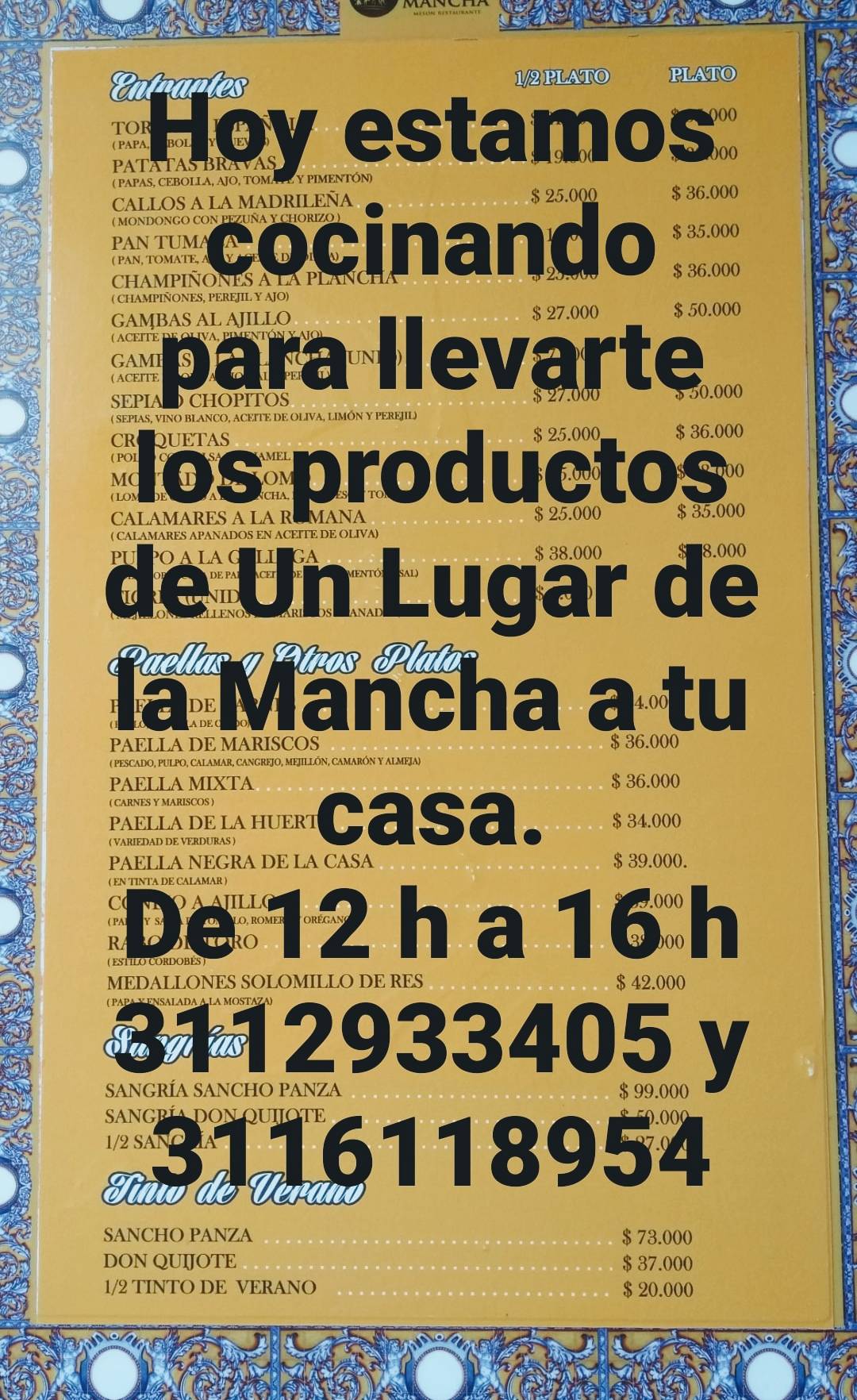 Carta del restaurante Un Lugar De La Mancha, Manizales