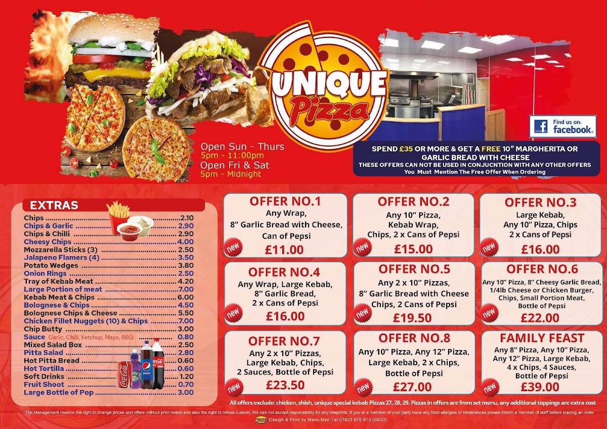 Menu at Unique Pizza pizzeria, Shildon