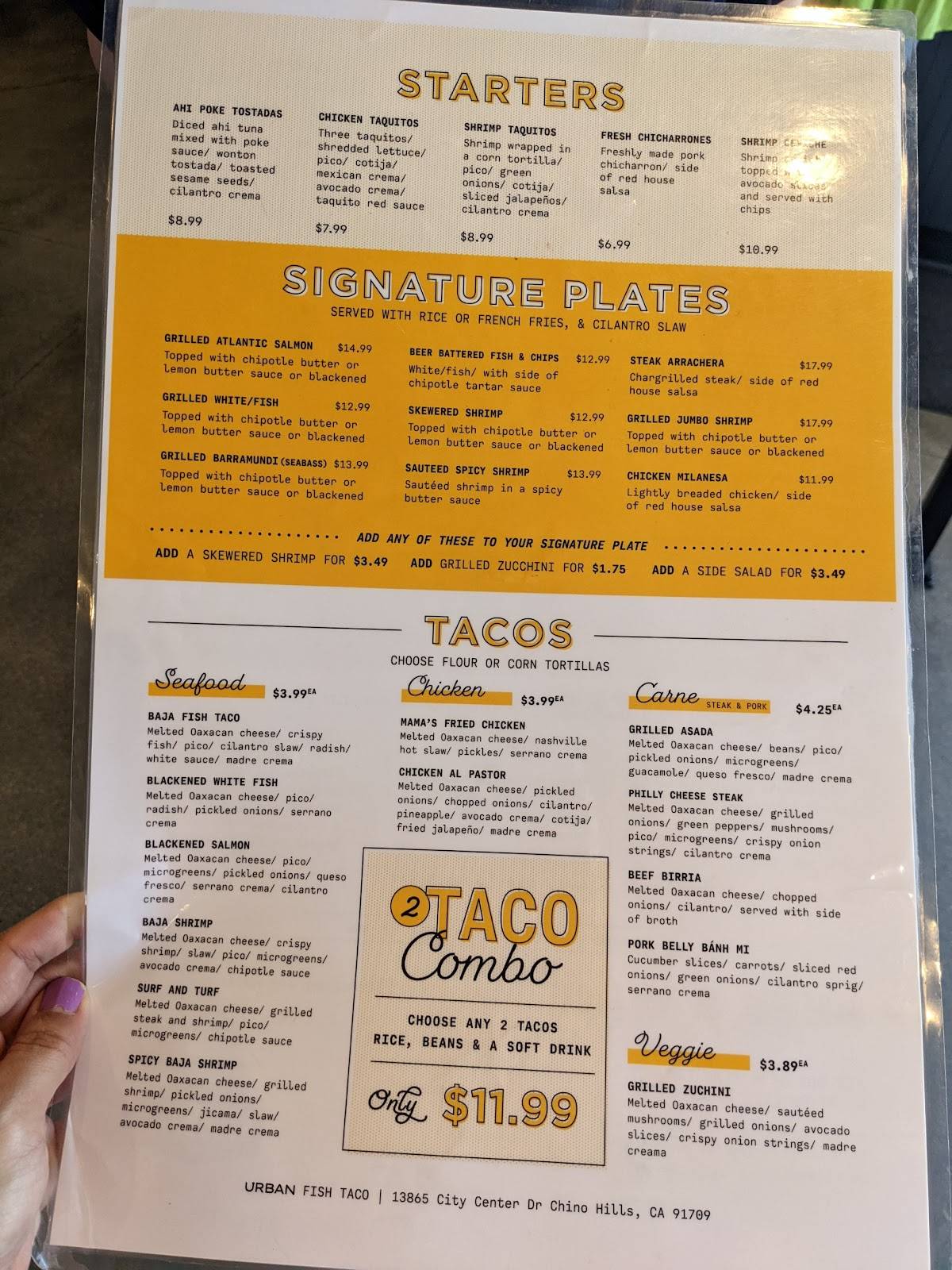 Menu at Urban Fish Taco restaurant, Chino Hills