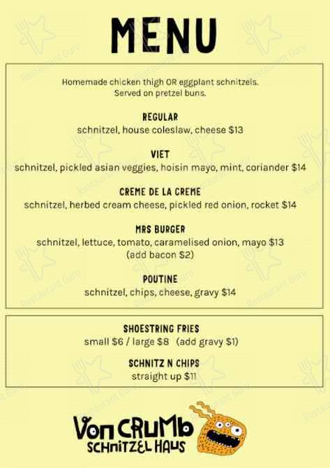 Menu at VON CRUMB, Melbourne