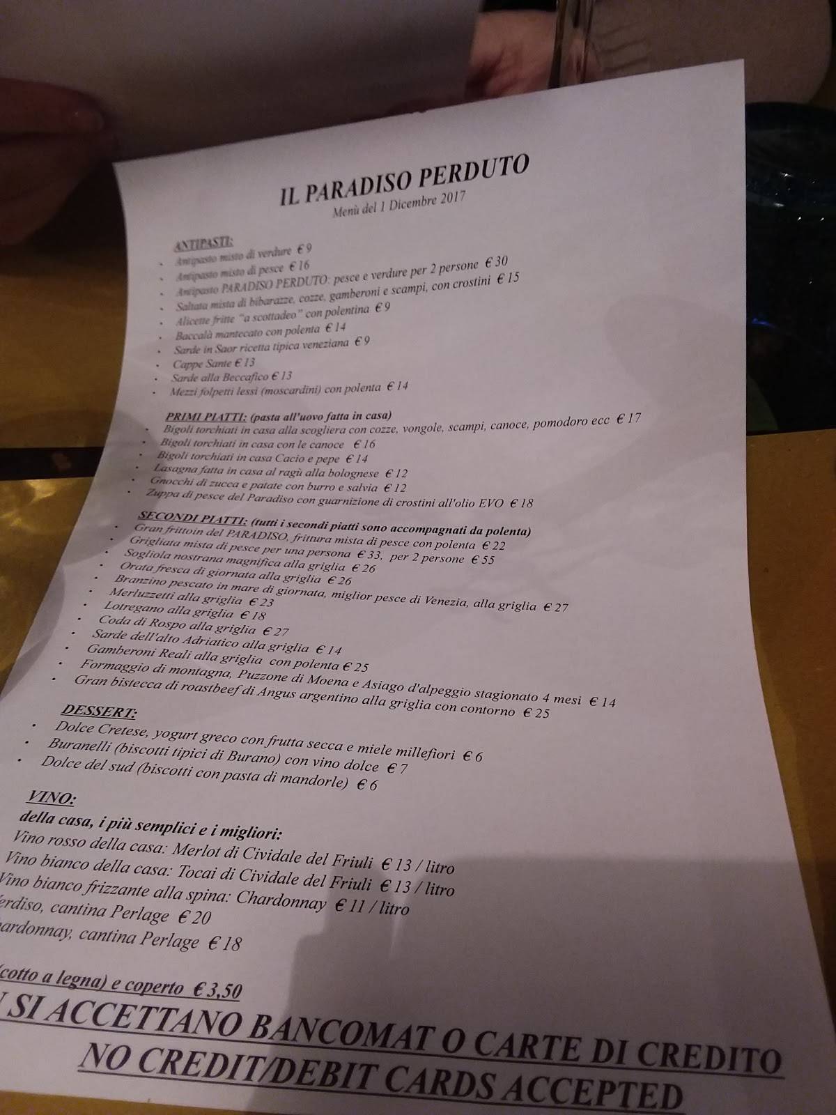 Menu at Il Paradiso Perduto restaurant, Venice