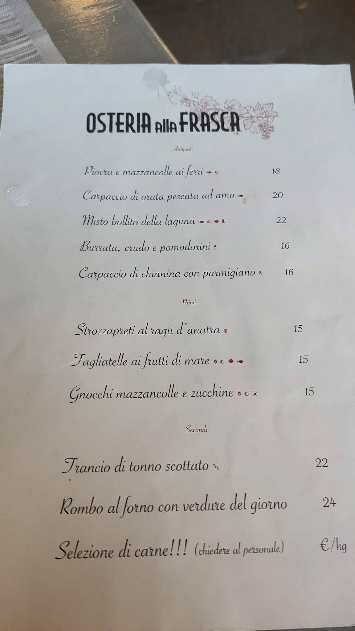 Menu at Osteria Alla Frasca restaurant, Venice, Corte de la Carità