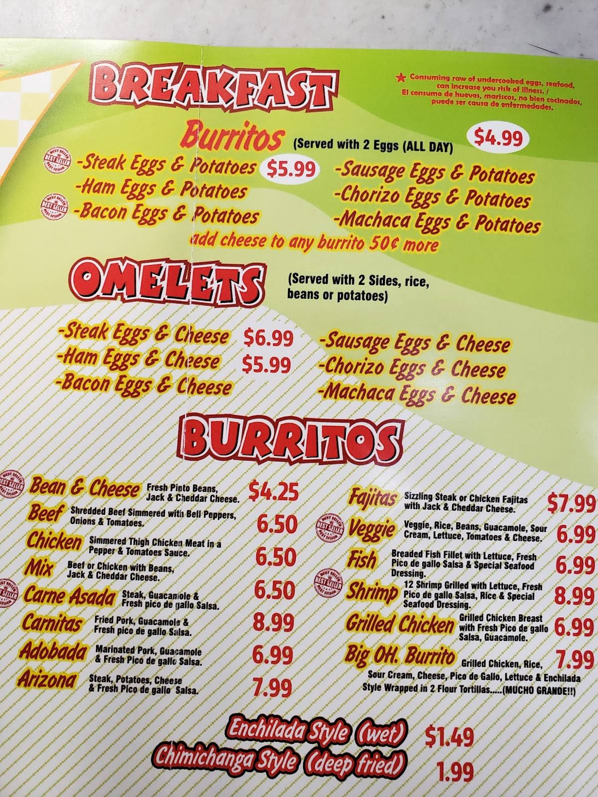 Menu at Victors Taco Shop restaurant, Marion