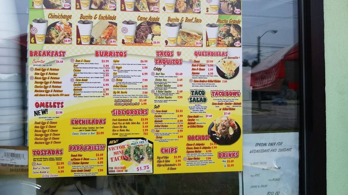 Menu at Victors Taco Shop restaurant, Marion
